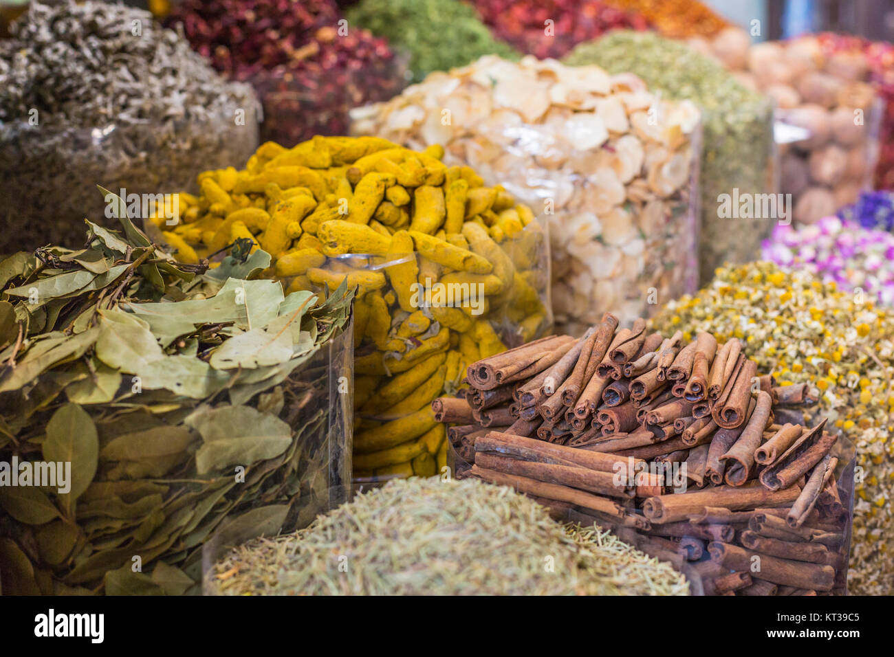 Dried herbs, flowers and arabic spices in the souk at Deira in Dubai ...