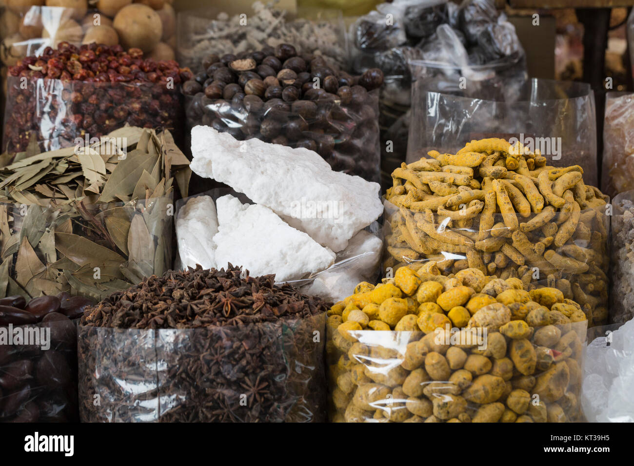 Dried herbs, flowers and arabic spices in the souk at Deira in Dubai ...