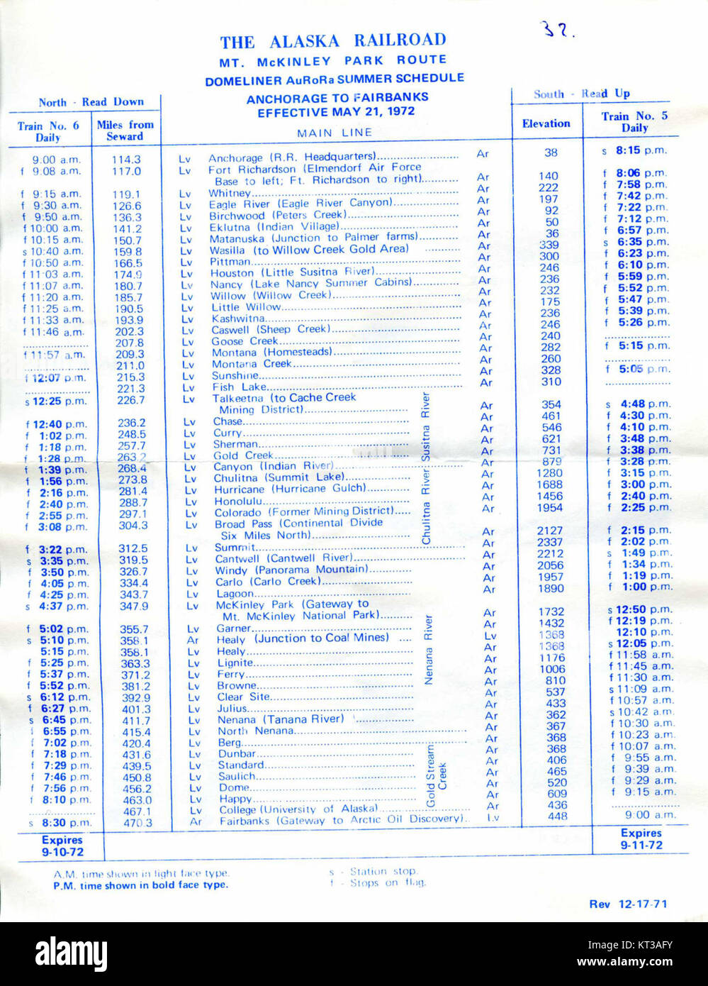 The Alaska Railroad timetable from May 21, 1972, provides a detailed ...
