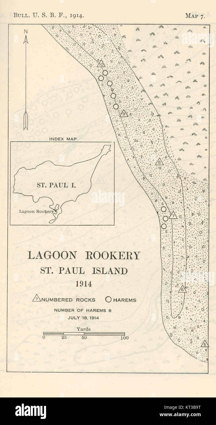 A photograph from 1914 showing the Lagoon Rookery on St. Paul Island ...