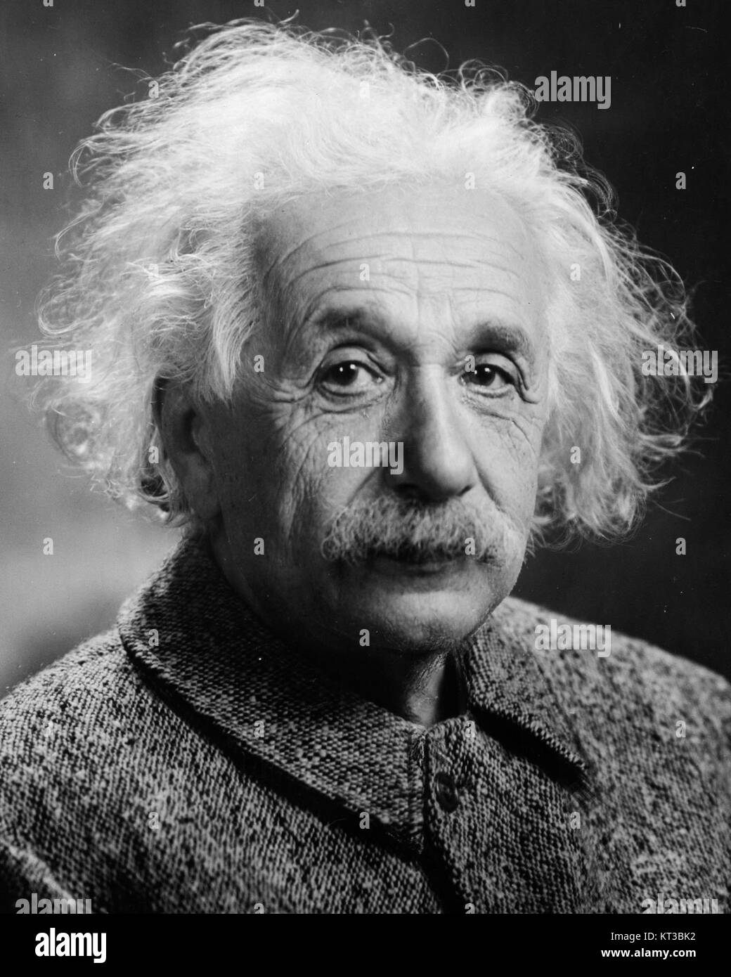 This image presents a cropped view of Albert Einstein's head, likely ...