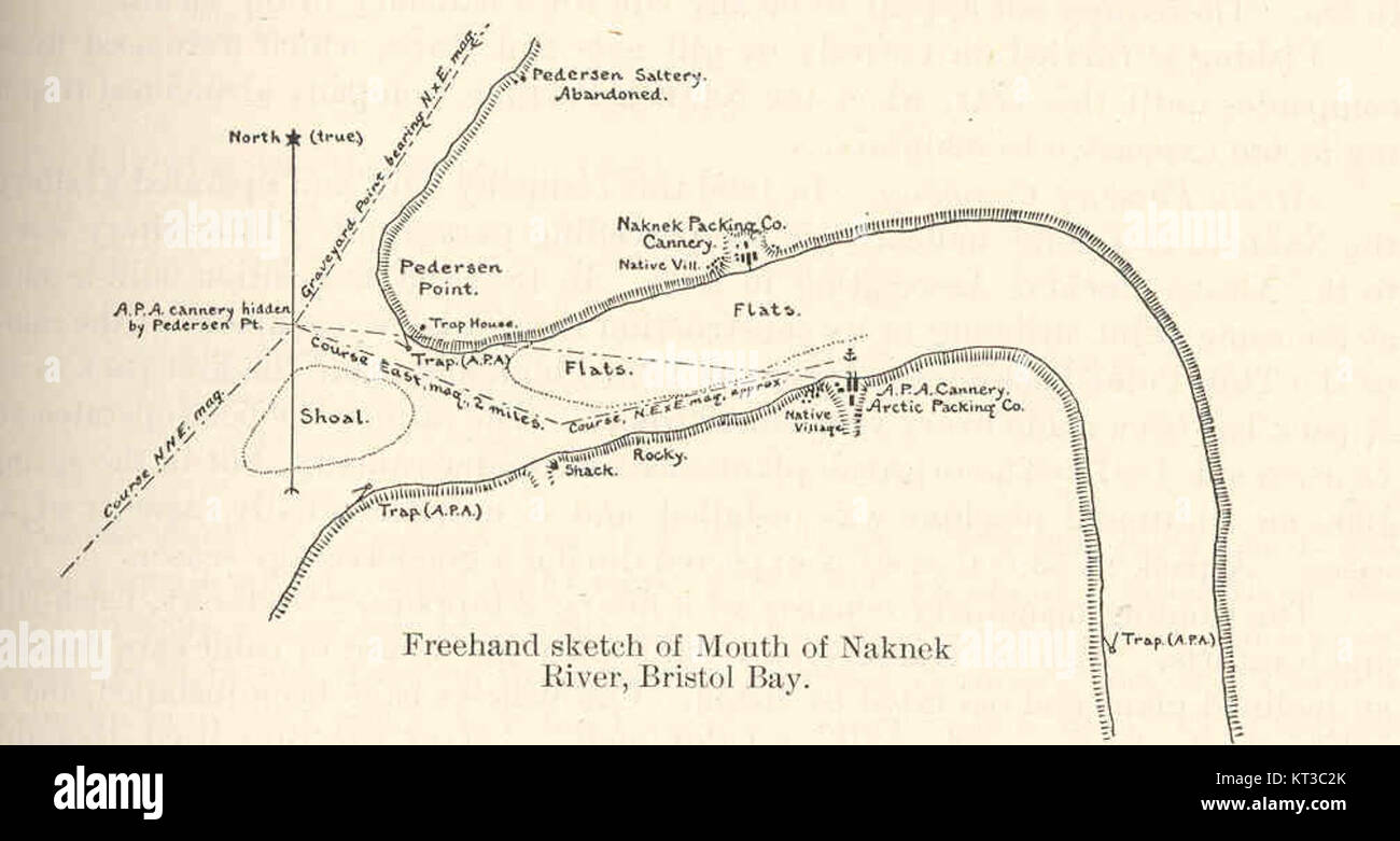 The image depicts a freehand sketch of the mouth of the Naknek River in ...