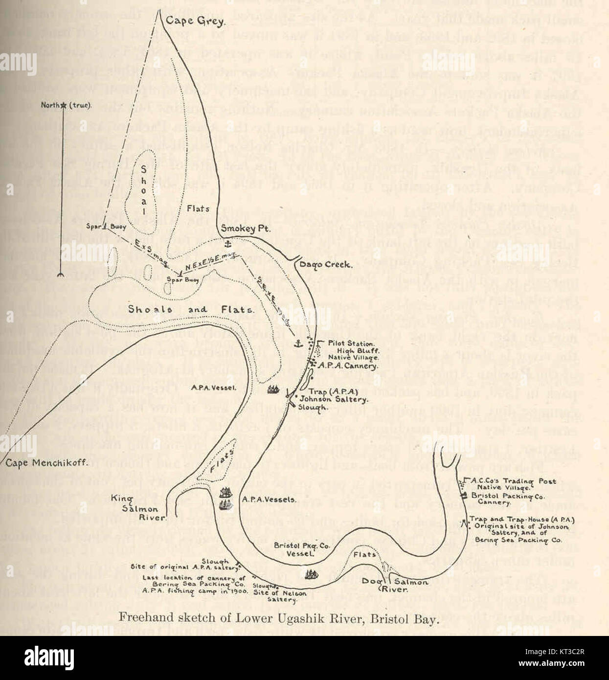 This freehand sketch depicts the Lower Ugashik River in Bristol Bay ...
