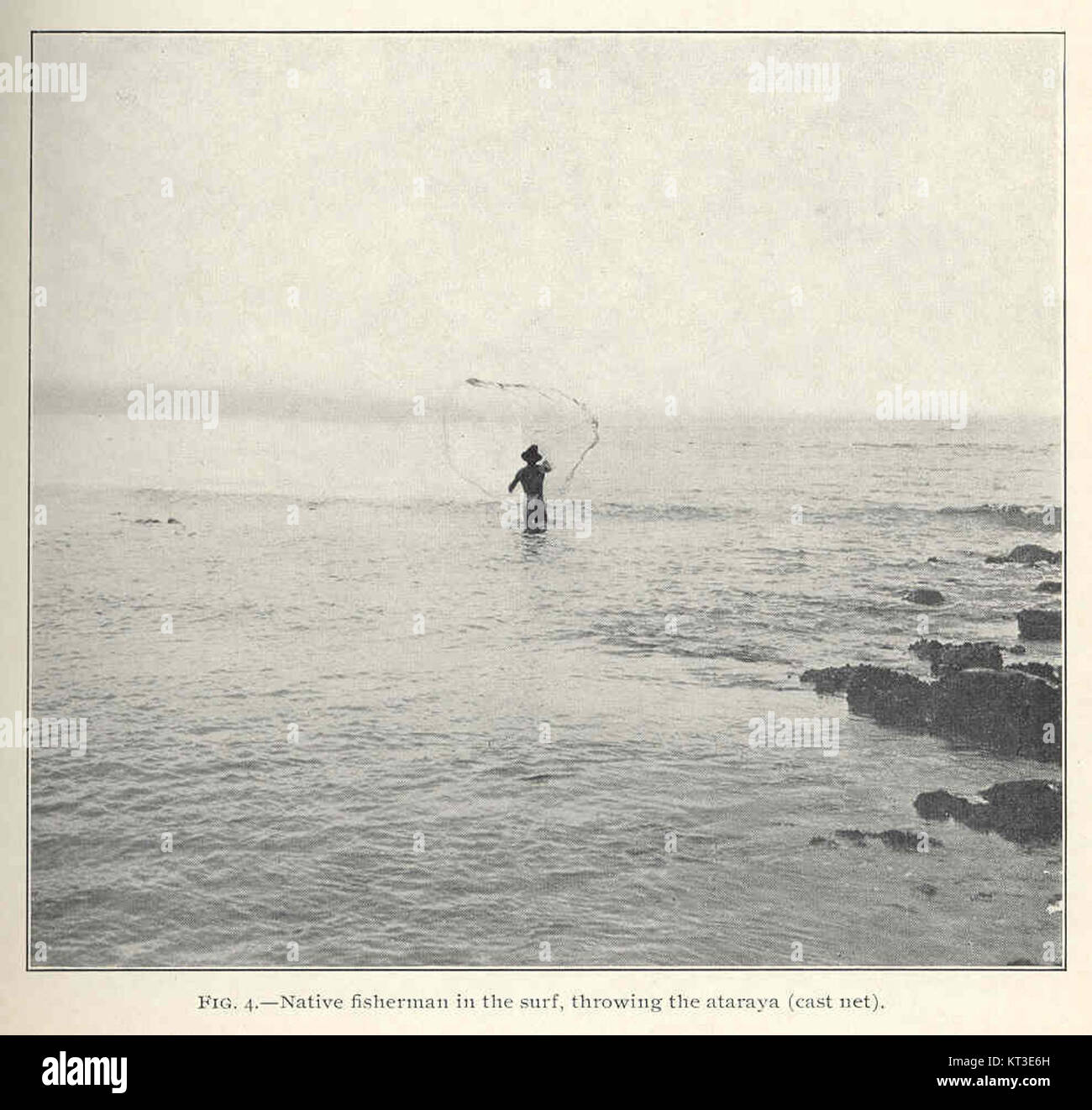 A native fisherman is seen in the surf, skillfully throwing an ataraya ...