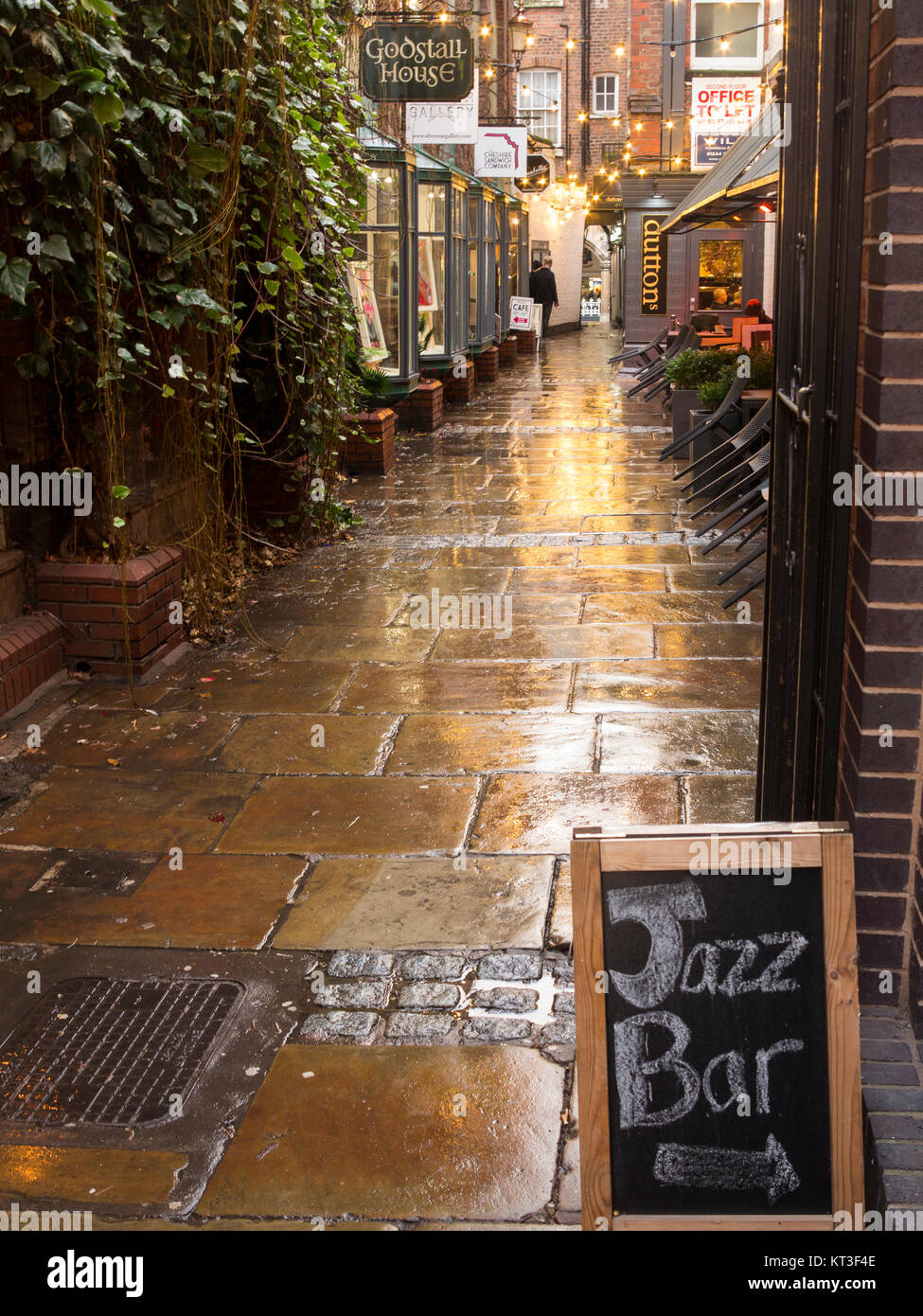 View along the wet pavements of the medieval godstall lane that links ...
