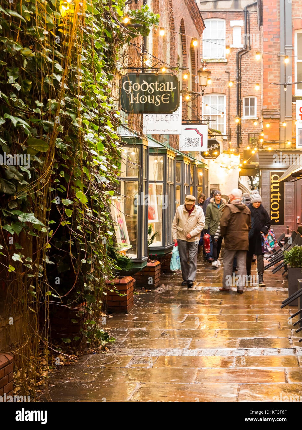 View along the wet pavements of the medieval godstall lane that links ...
