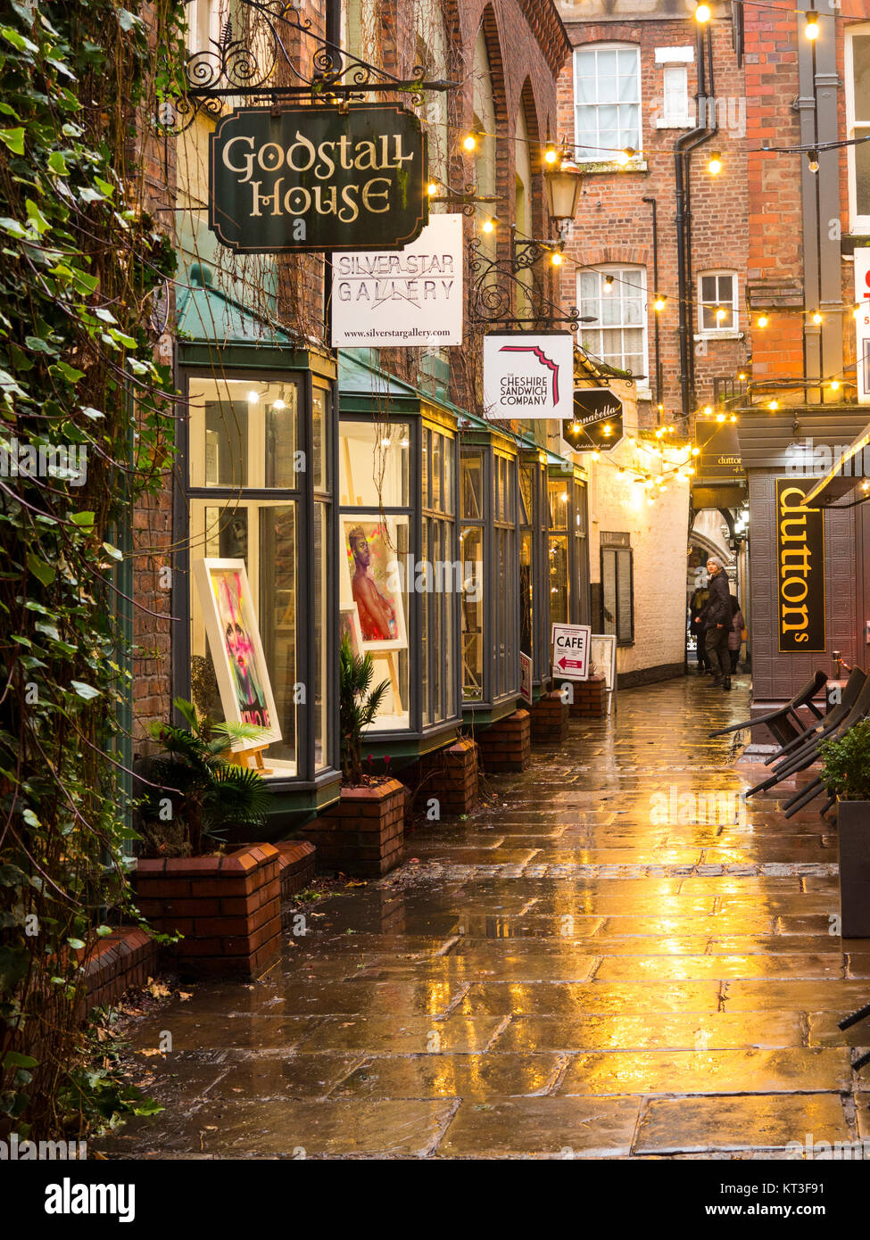 View along the wet pavements of the medieval godstall lane that links ...