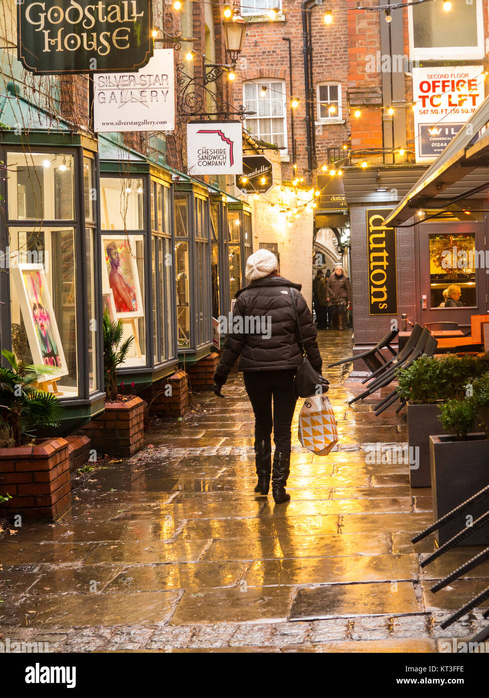 View along the wet pavements of the medieval godstall lane that links ...