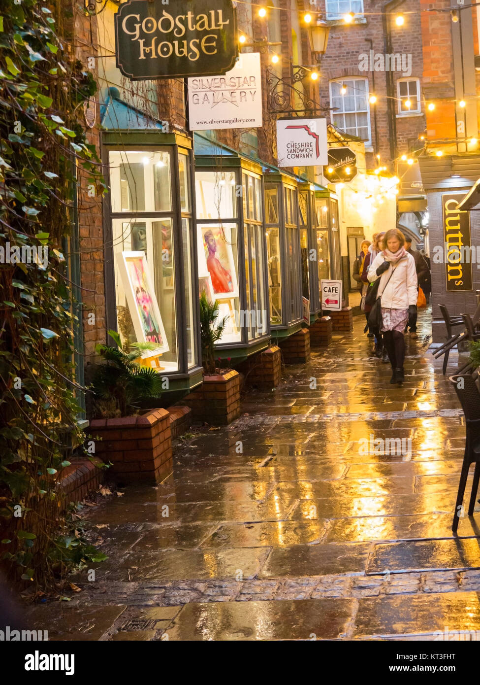 View along the wet pavements of the medieval godstall lane that links ...