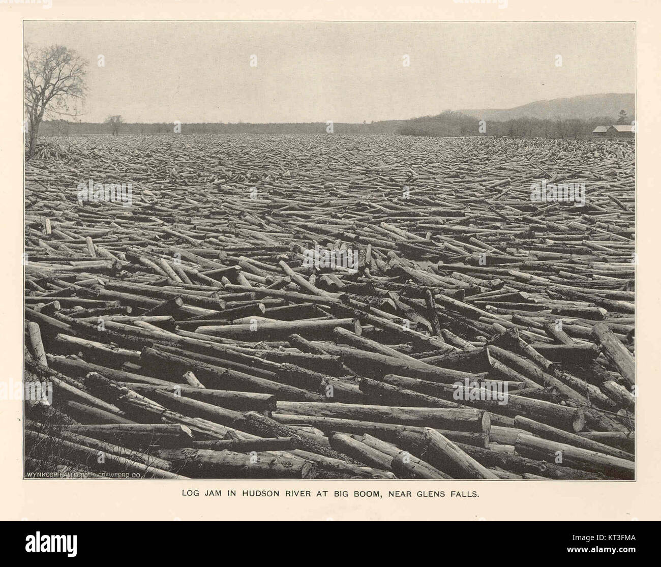 This 19th-century photograph depicts a log jam in the Hudson River at ...