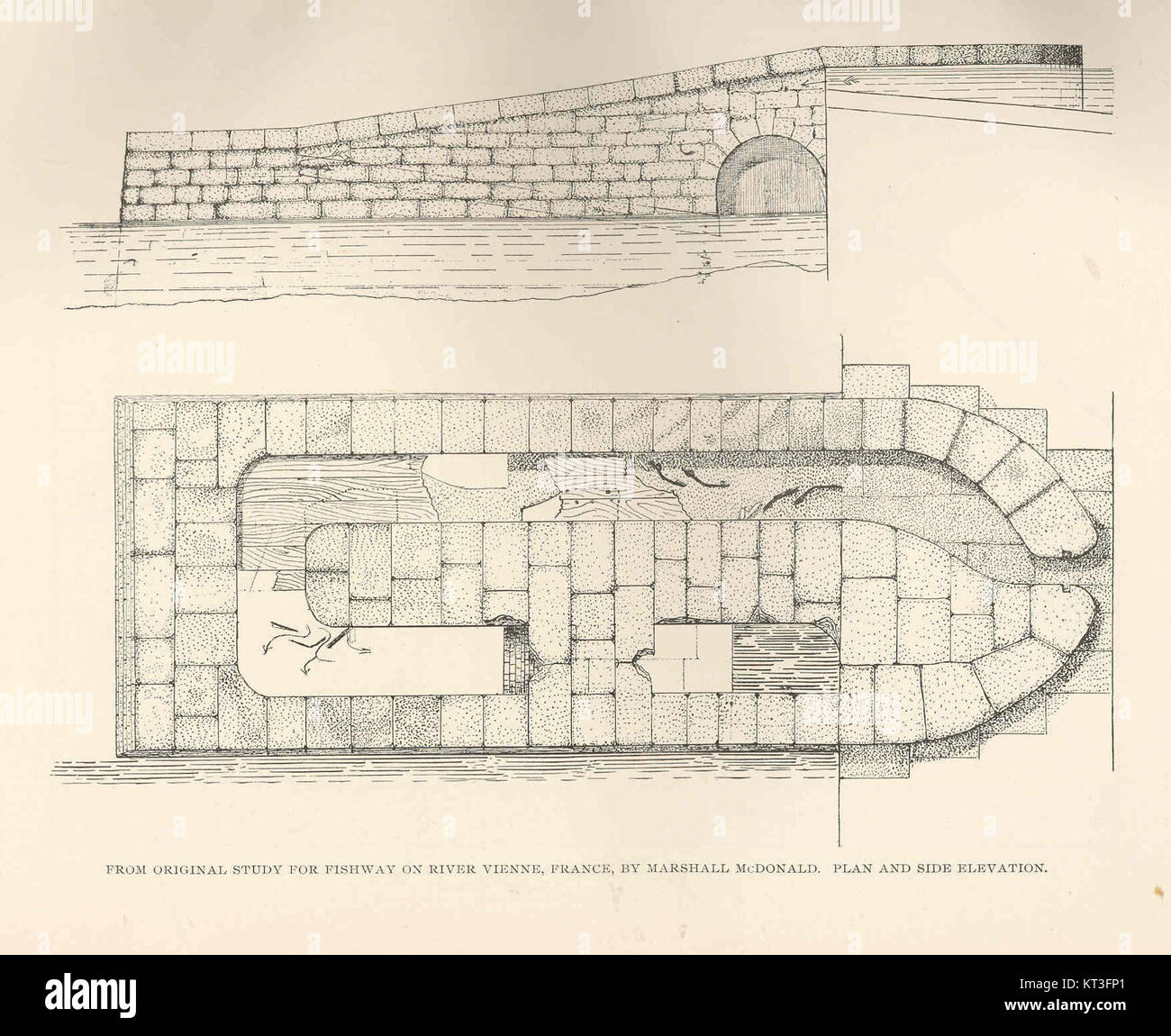 This image shows the original study for a fishway design on the river ...