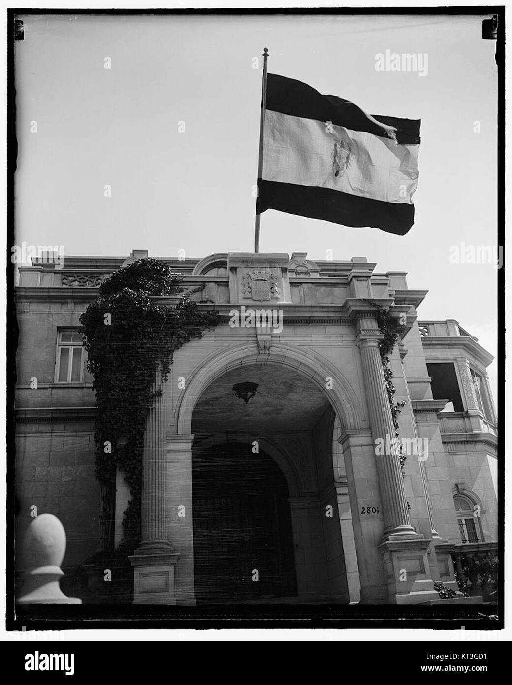 A photograph showing the flag of Francisco Franco's regime displayed at ...