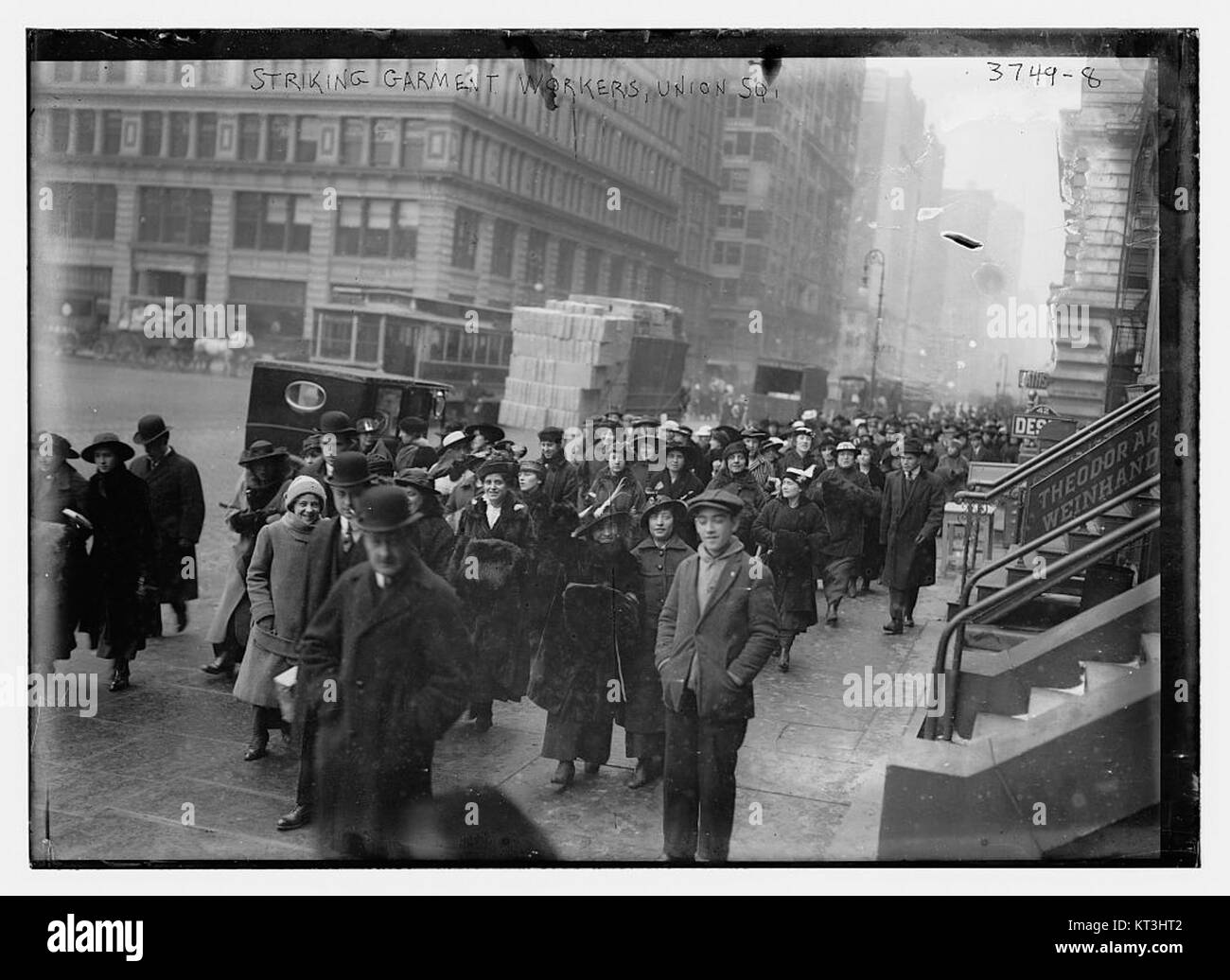 The photograph shows garment workers striking in Union Square, New York ...
