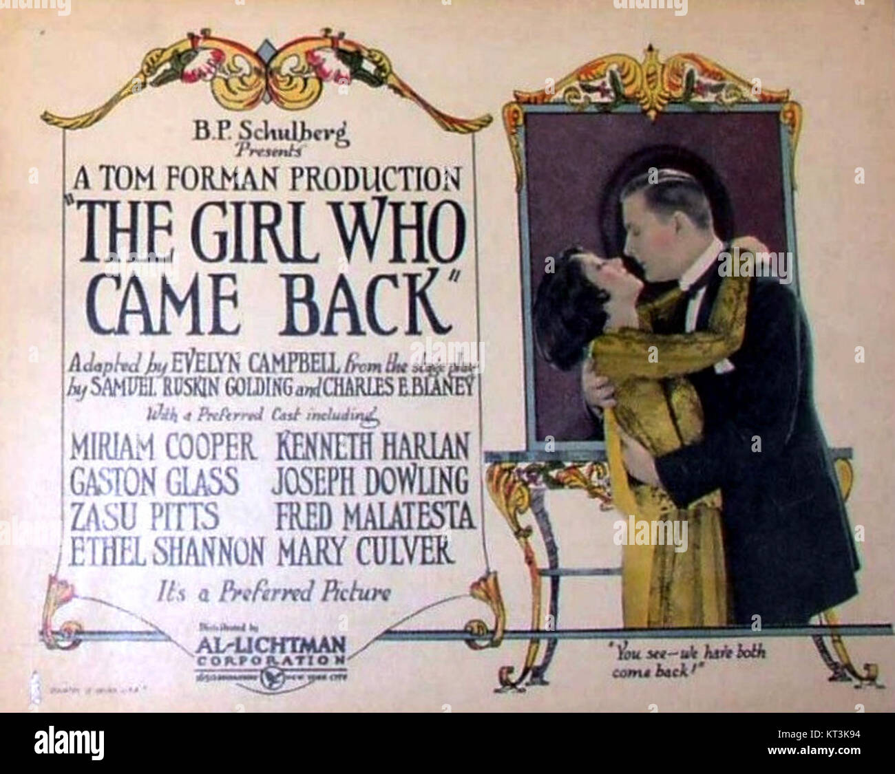 A lobby card from the 1923 film *The Girl Who Came Back*, featuring ...