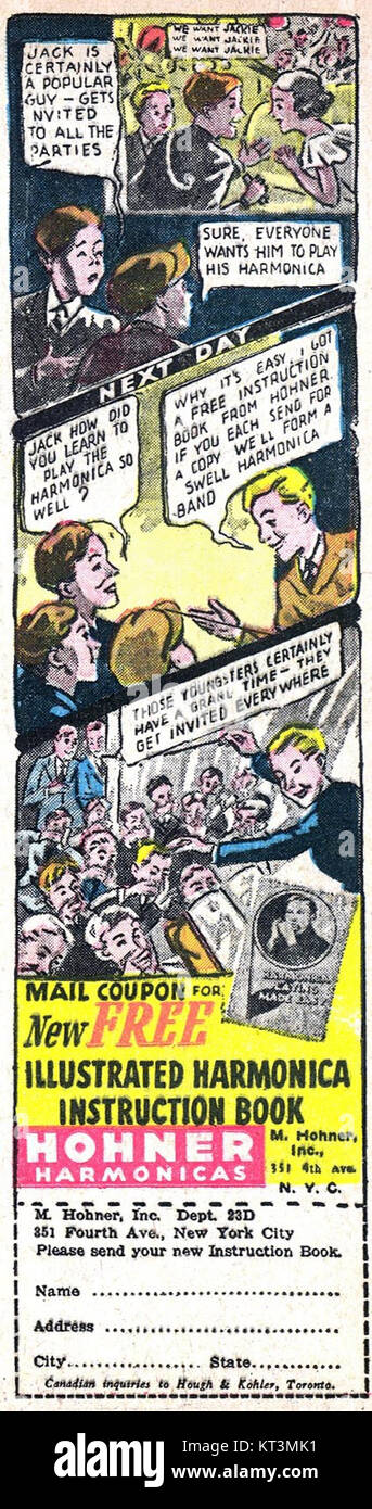 An advertisement for a harmonica featured in 'The Funnies' comic series ...