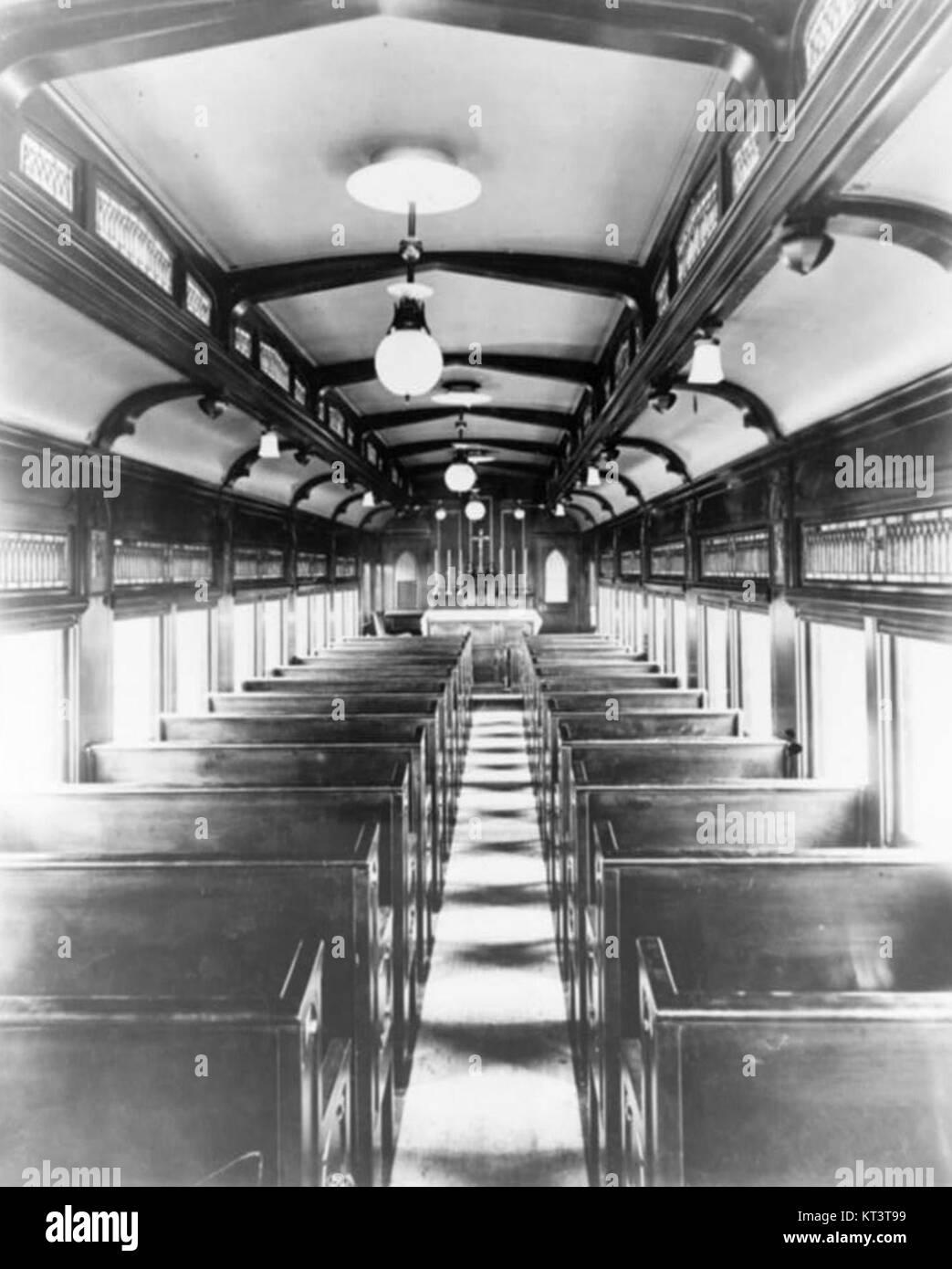 The interior of the St. Paul Catholic railroad chapel car provides a ...
