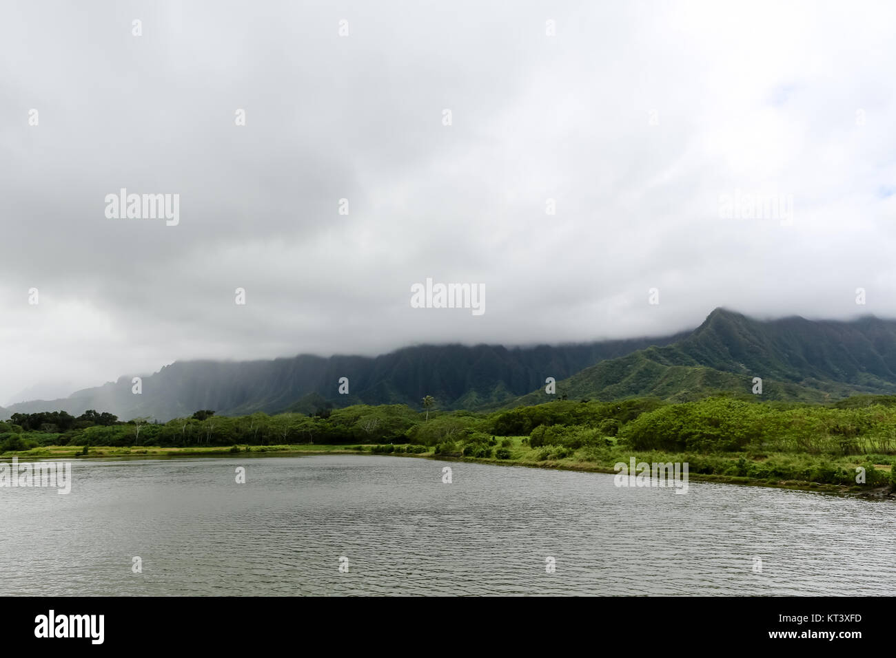 Waiahole forest reserve view over the Ahuimanu Lake, on a cloudy day at ...
