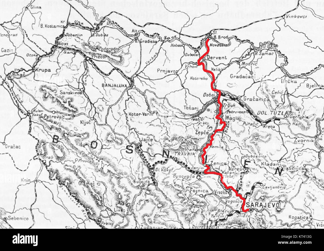 The Bosnabahn map depicts the historical railway line running through ...