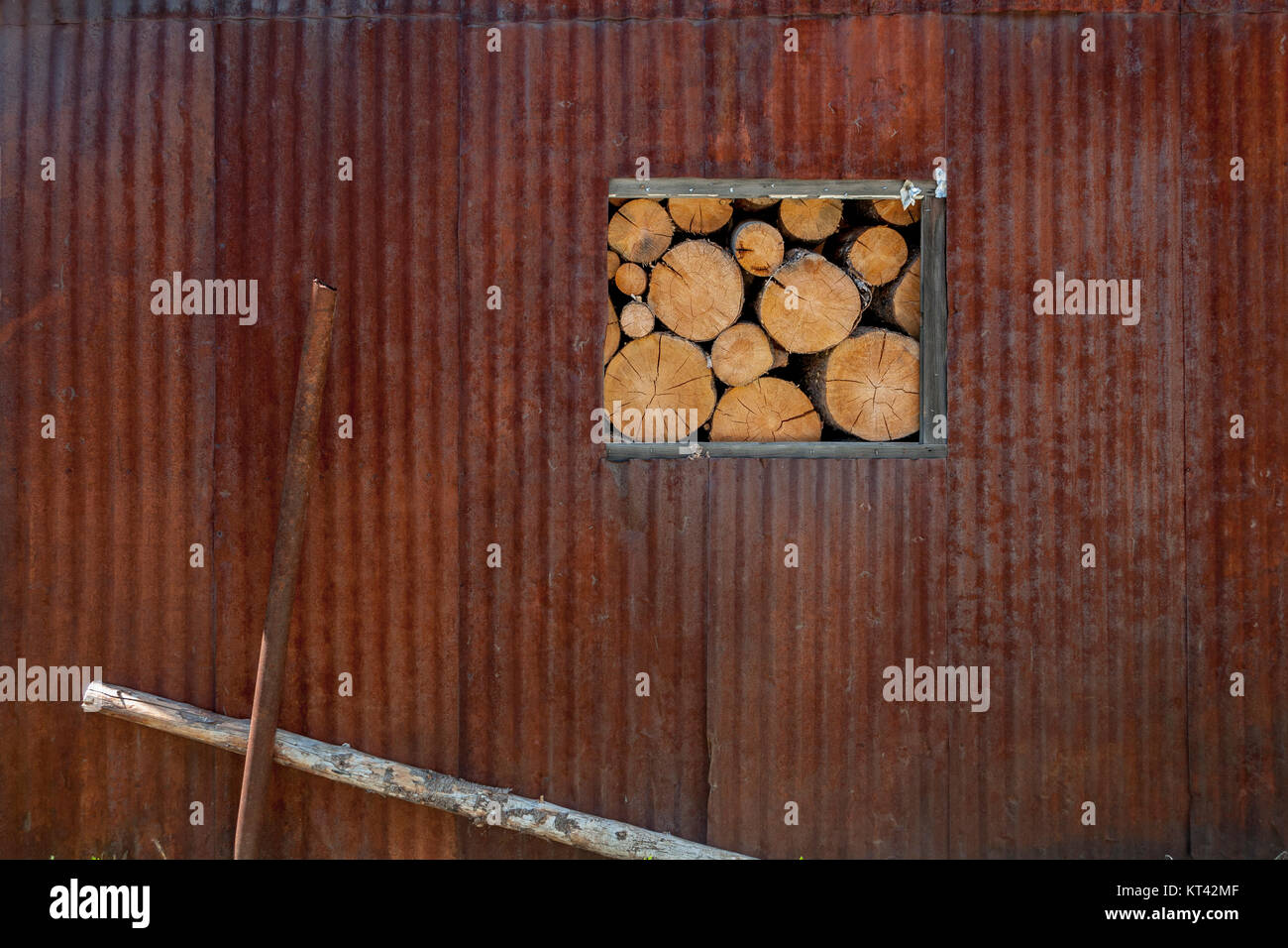 Side of a woodshed in the historic mining town of Warren, Idaho showing ...