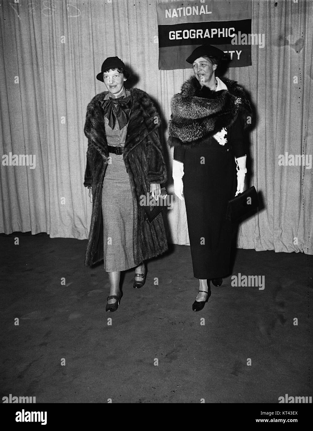 This photograph shows Amelia Earhart with Mrs. Franklin Roosevelt, two ...