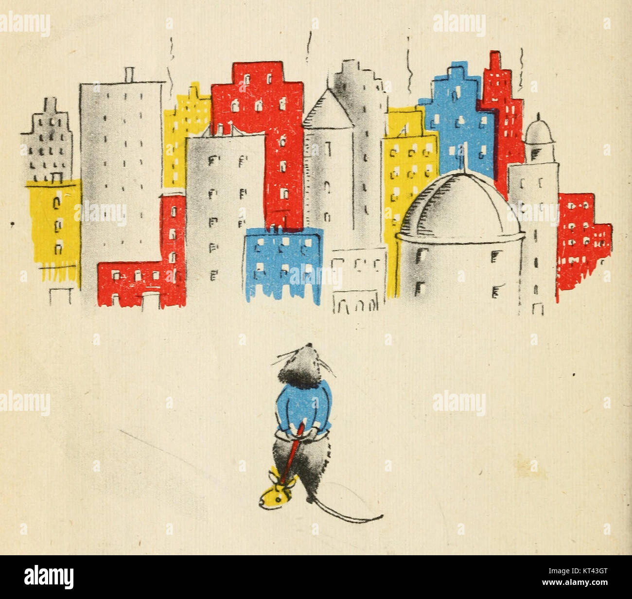 This image captures a little gray mouse gazing up at towering buildings ...