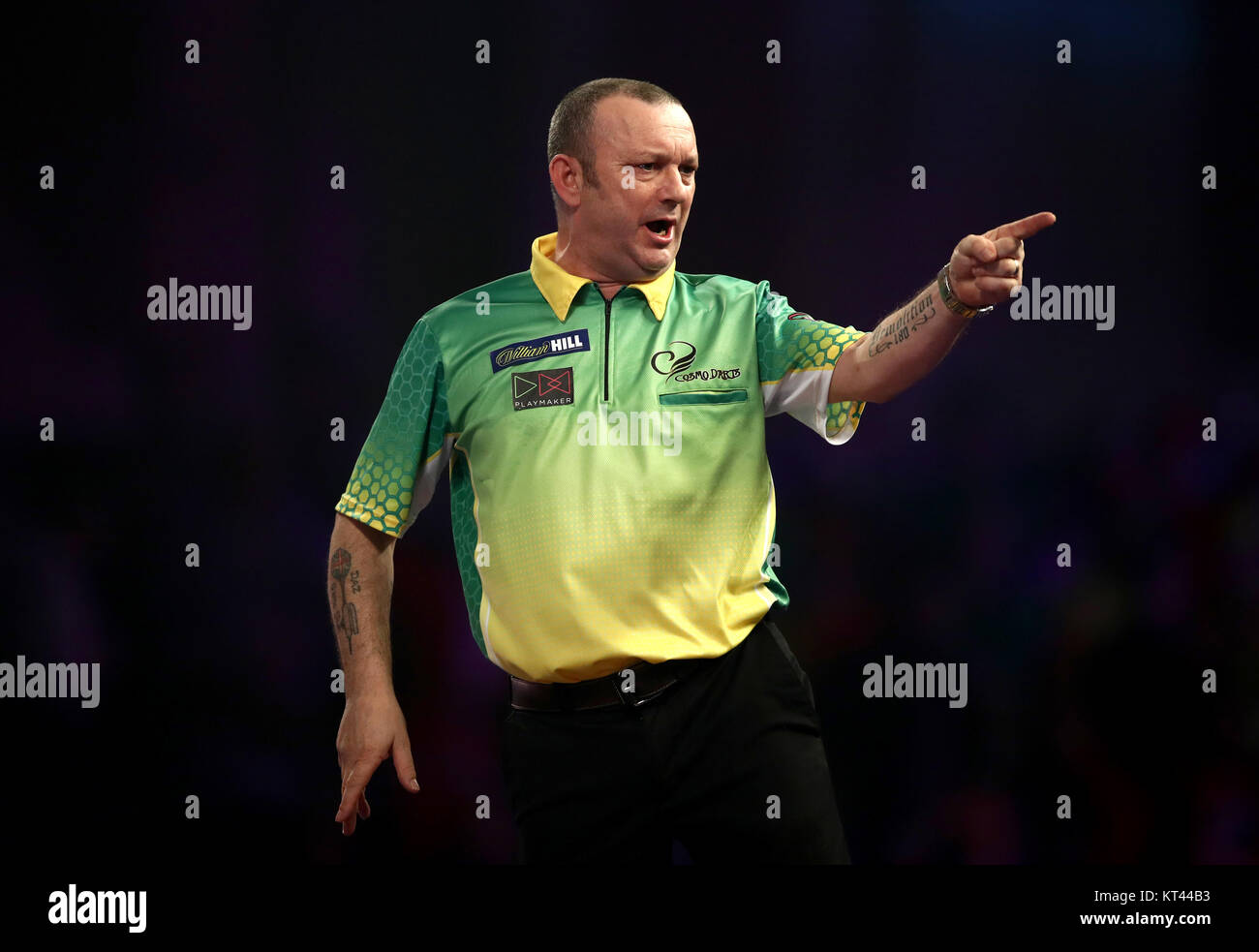 Darren Webster celebrates during his match against Devon Petersen ...
