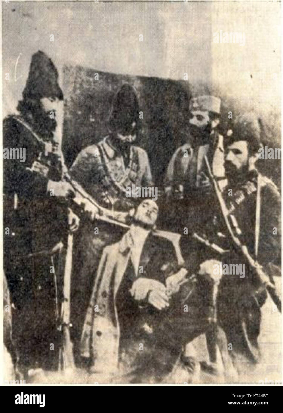 A historical image depicting the wartime actions of Chetnik forces ...