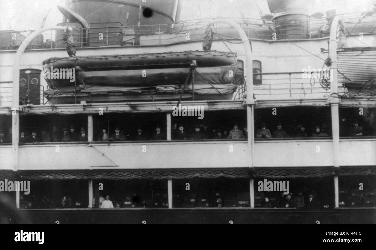 The image depicts the lifeboats of the RMS Lusitania, a British ocean ...