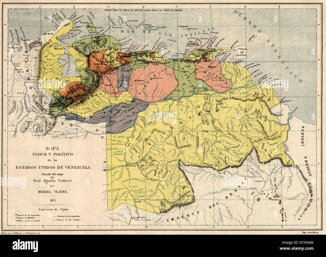 An 1875 map of Venezuela, showcasing the political boundaries ...