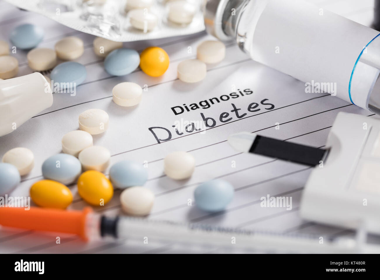 Diabetes Text On Paper With Pills Vial And Syringe Stock Photo - Alamy