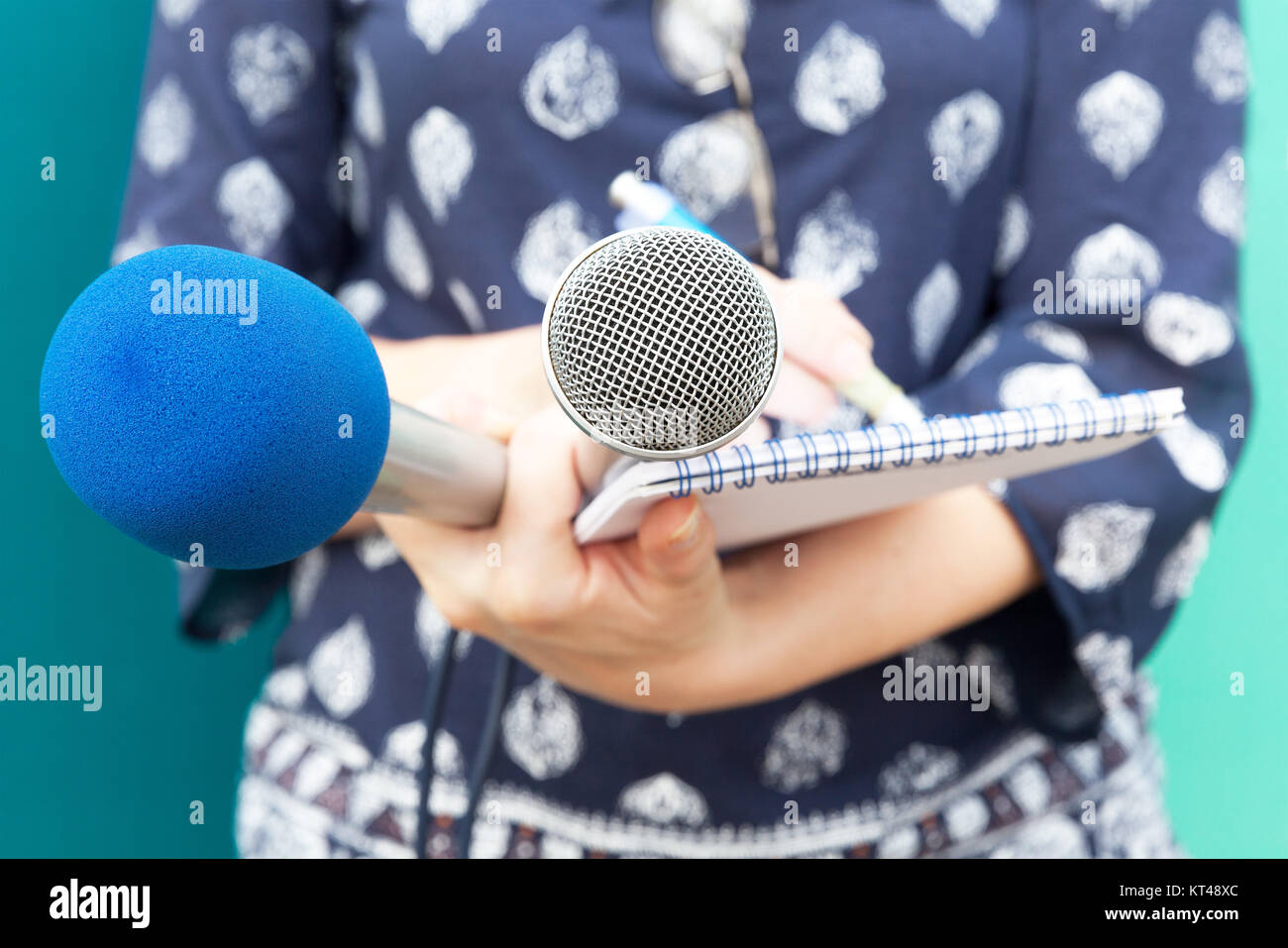 Female reporter taking notes at news conference Stock Photo - Alamy