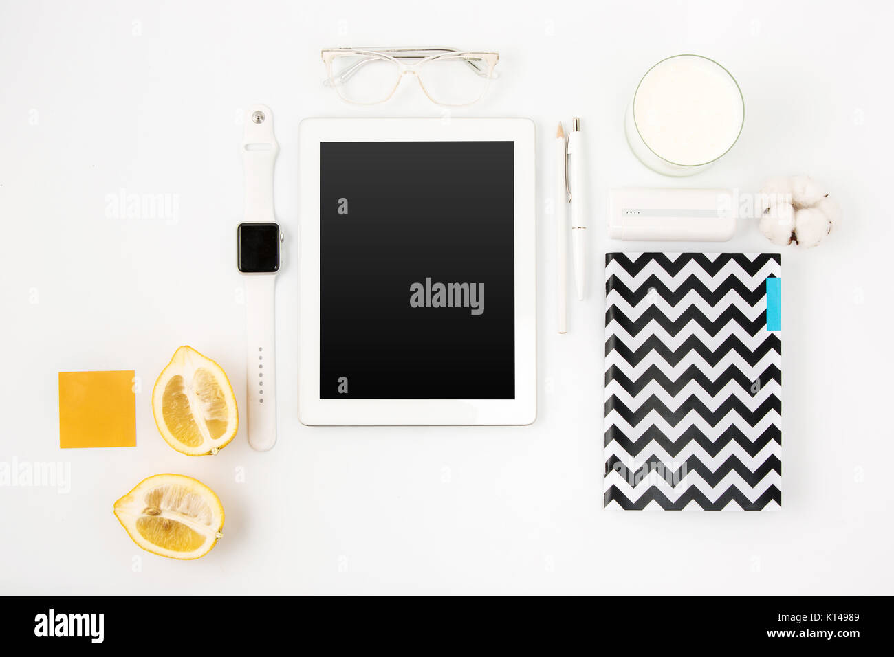 Top view of white office table with laptop Stock Photo - Alamy