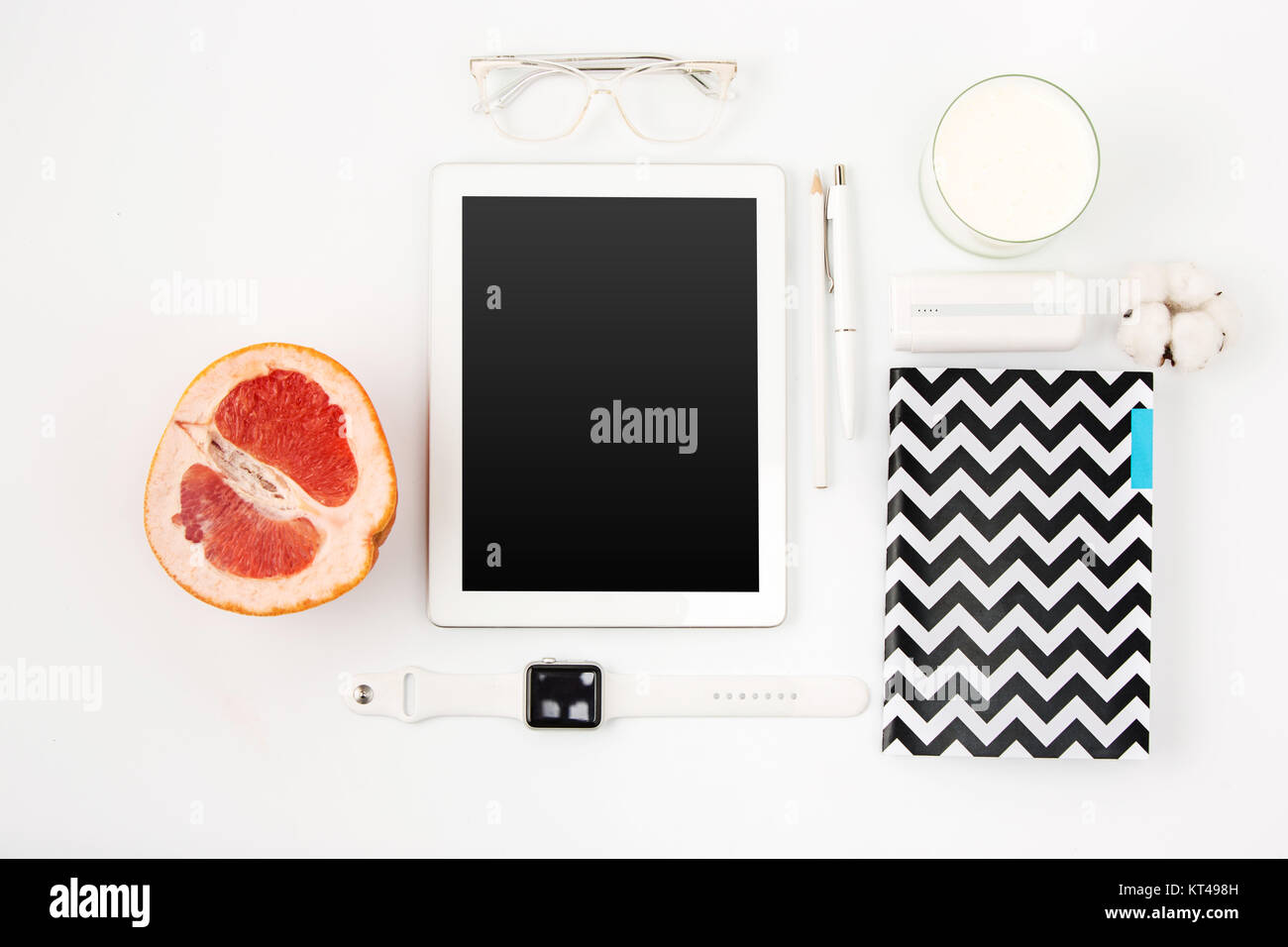 Top view of white office table with laptop Stock Photo - Alamy