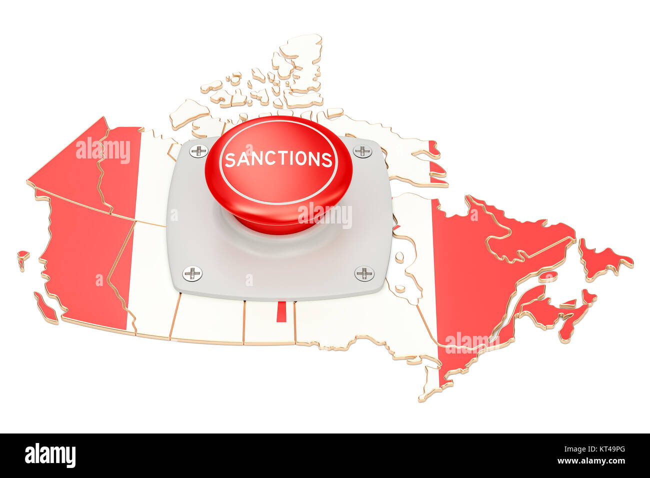 Sanctions button on map of Canada, 3D rendering isolated on white ...