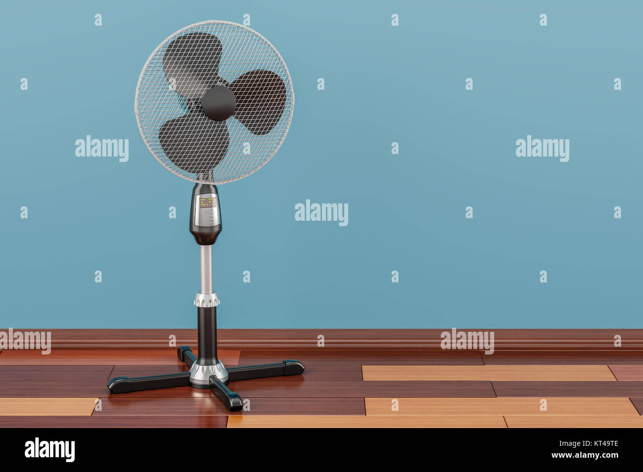 Standing pedestal electric fan in room on the wooden floor, 3D ...
