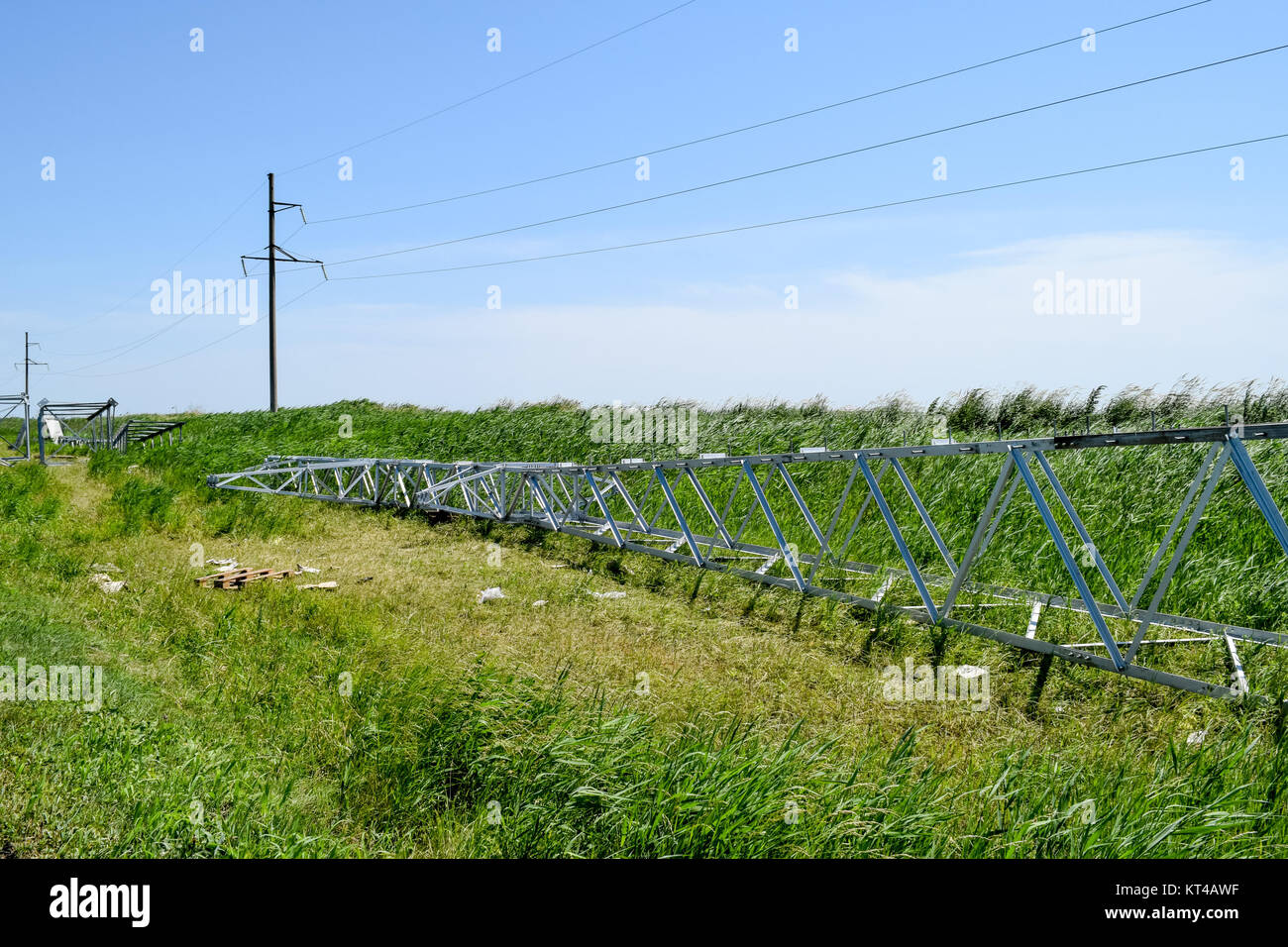 Assembly and installation of new support of a power line Stock Photo ...