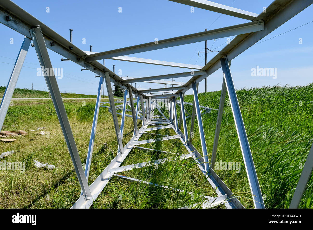 Assembly and installation of new support of a power line Stock Photo ...