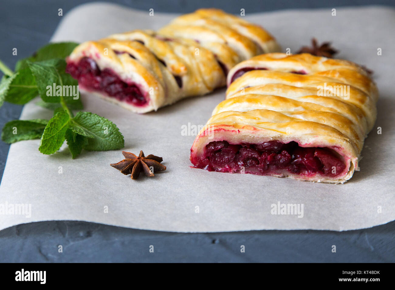 delicious homemade cherry pie. braided pie, sliced Stock Photo - Alamy