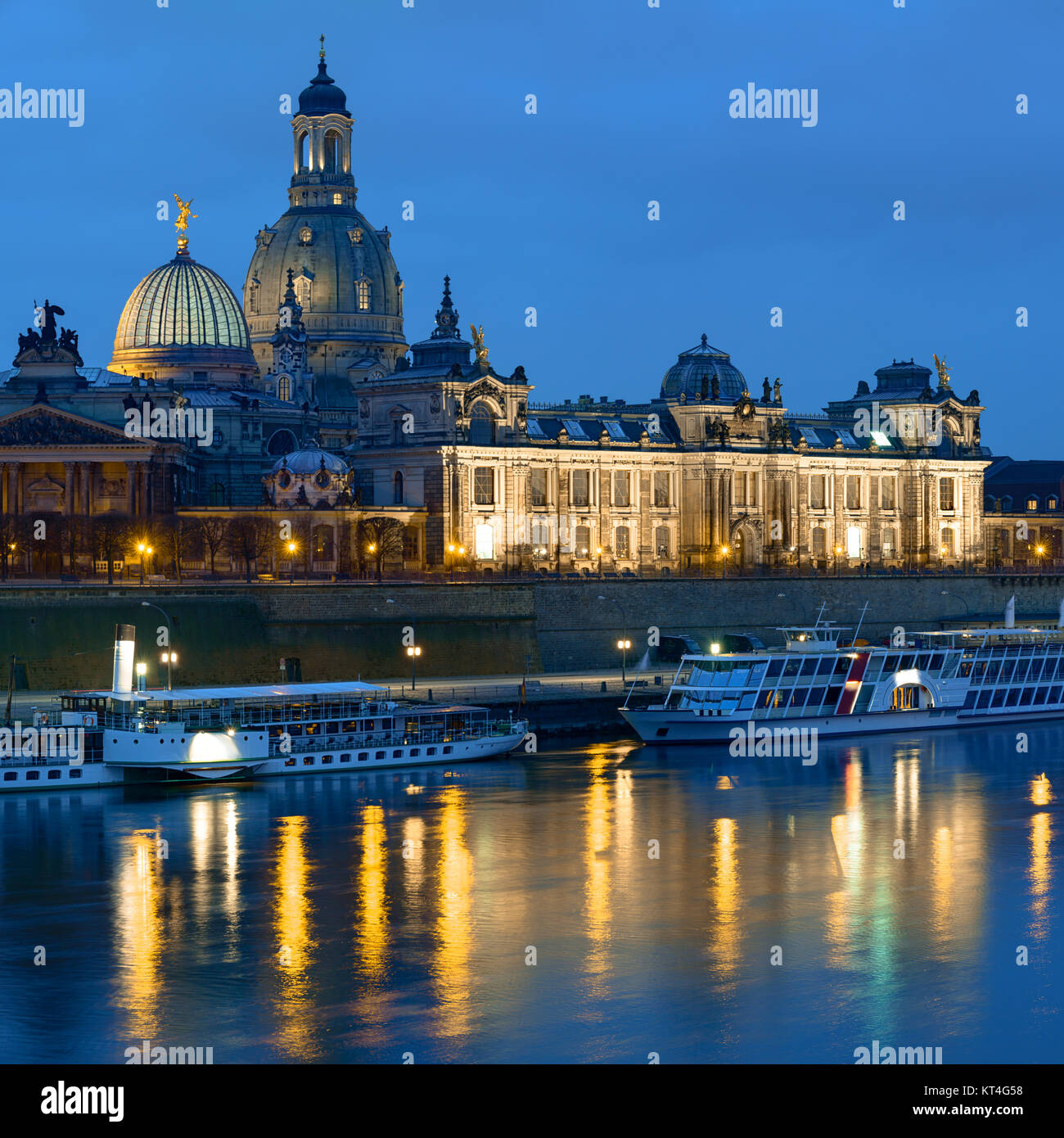 Dresden at night, with historical passenger ships, Bruhl's Terrace and ...