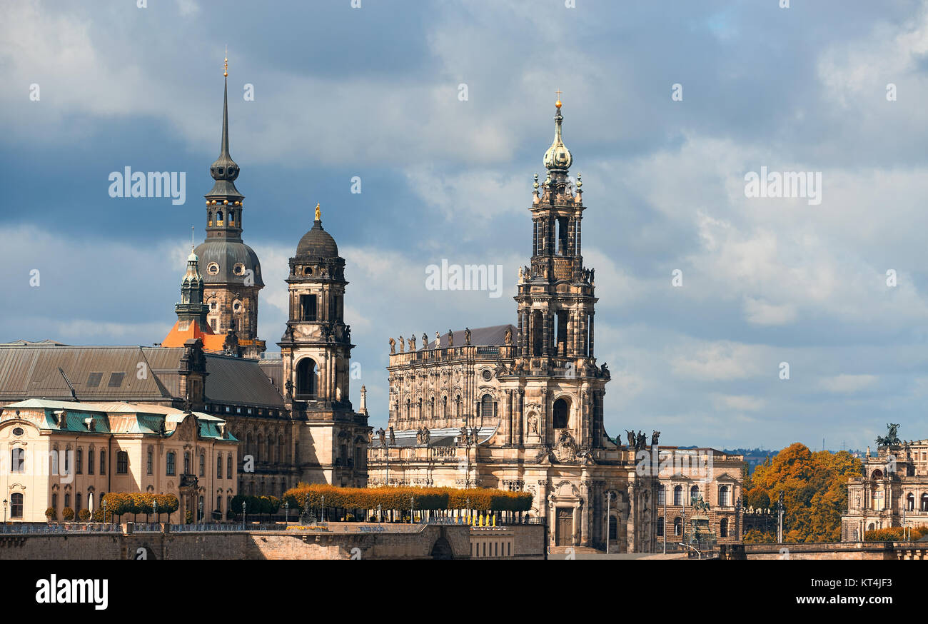 Dresden, Germany. Hofkirche and Residenzschloss towers under dramatic ...