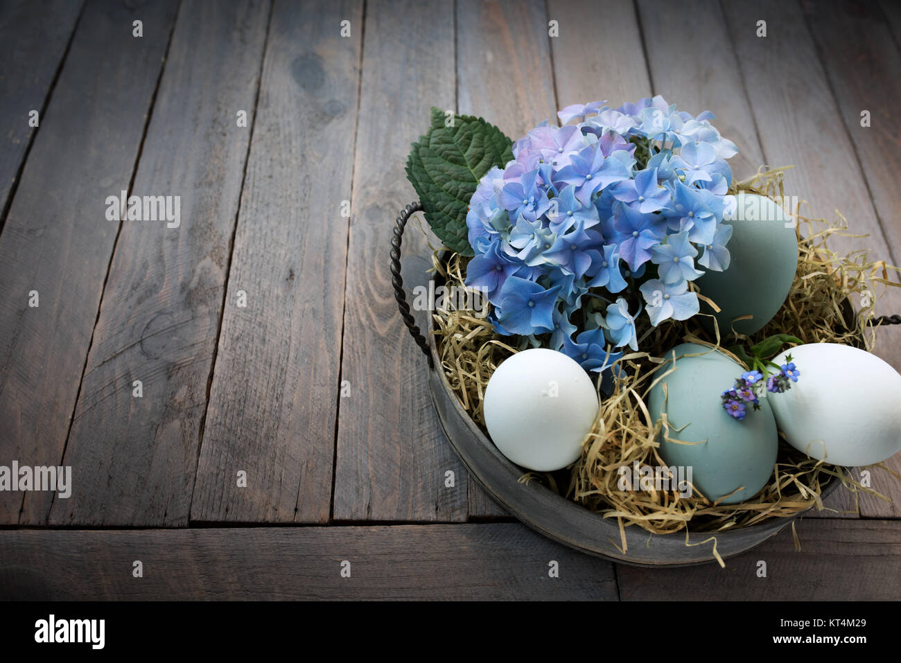 easter eggs in a bowl with straw and blue hydrangeas Stock Photo - Alamy