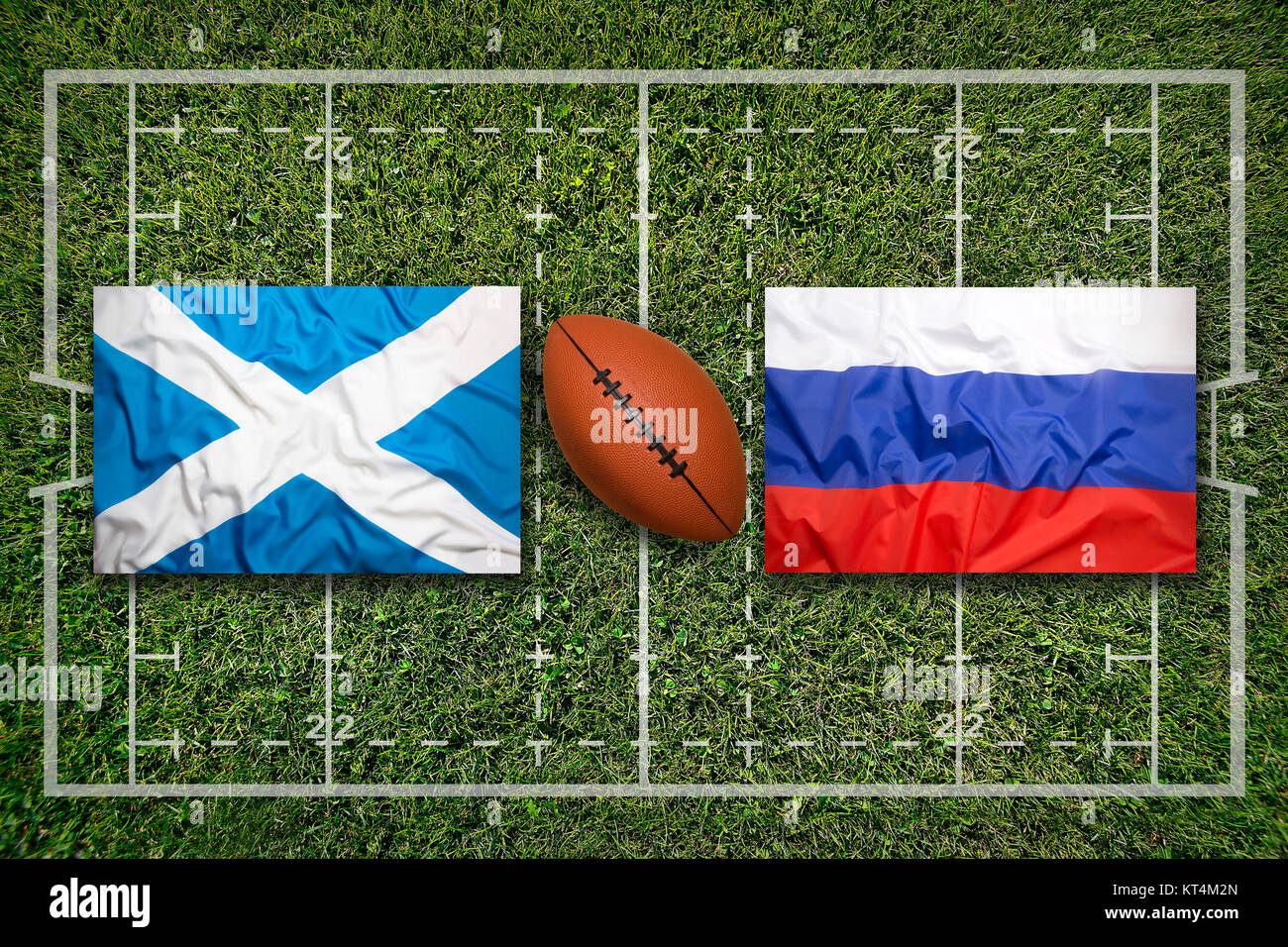 Scotland vs. Russia flags on green rugby field Stock Photo - Alamy