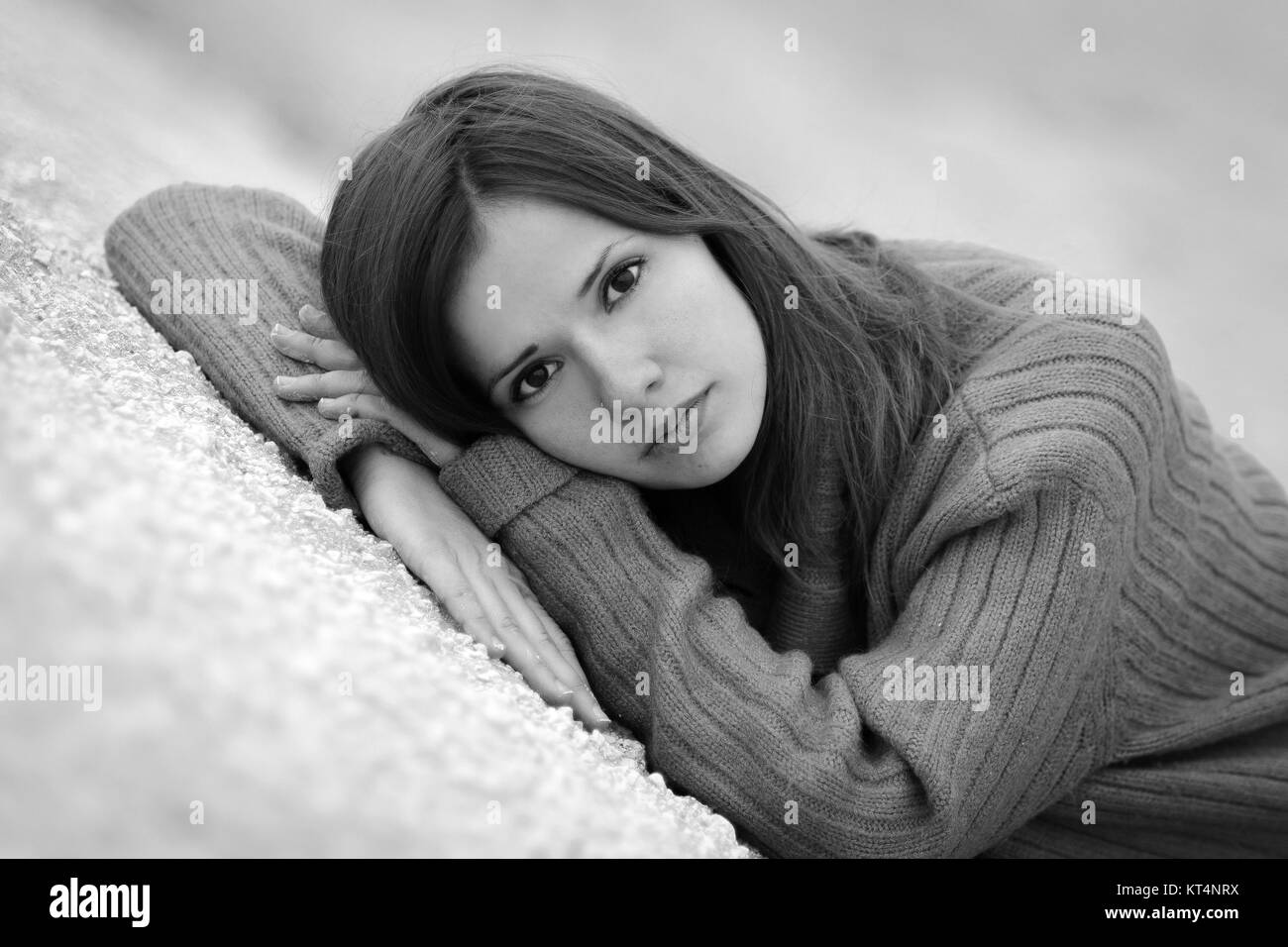 Black-and-white photo.Close-up portrait of nice,depressed,beautiful ...