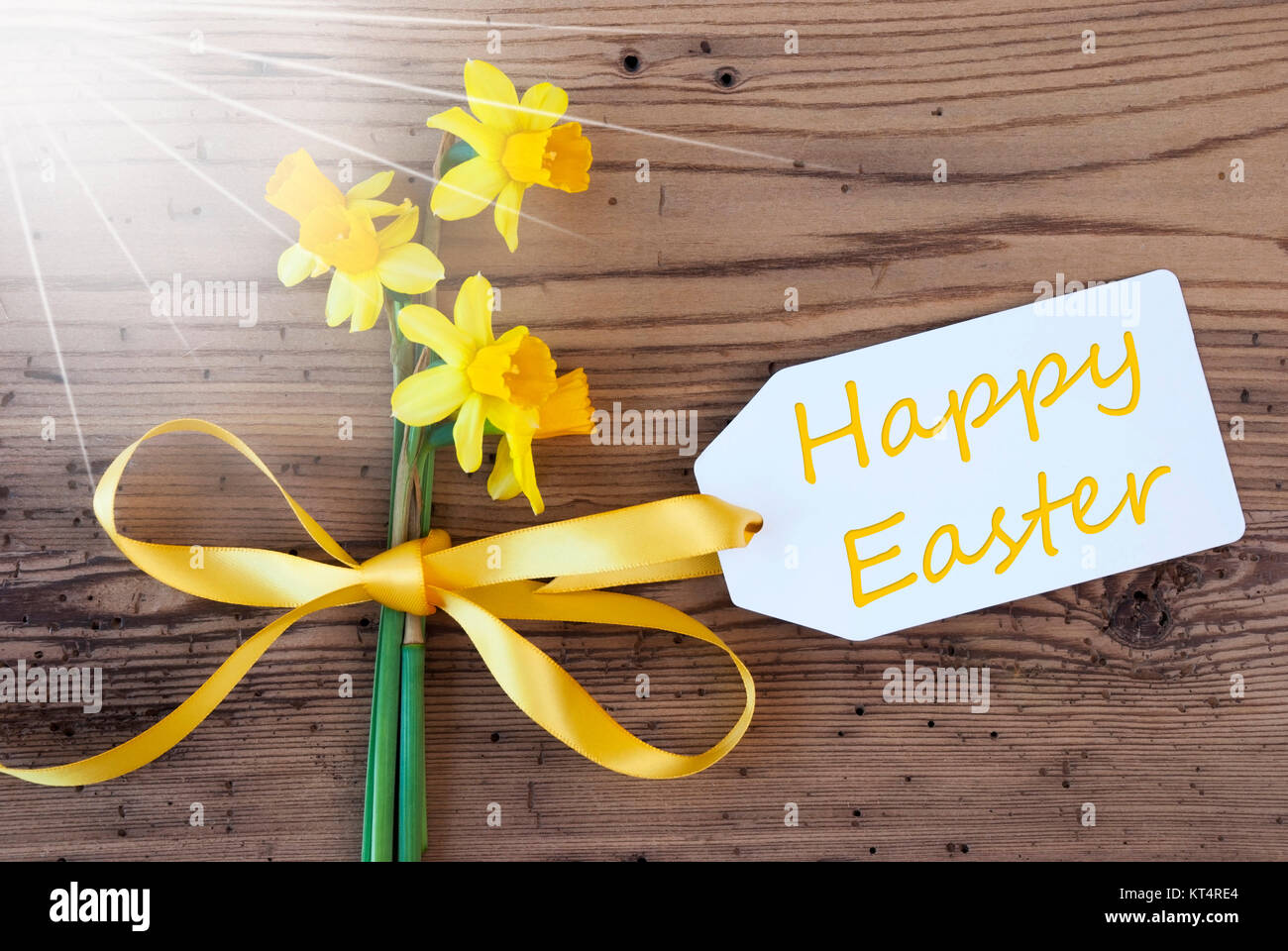 Label With English Text Happy Easter. Sunny Yellow Spring Narcissus Or ...