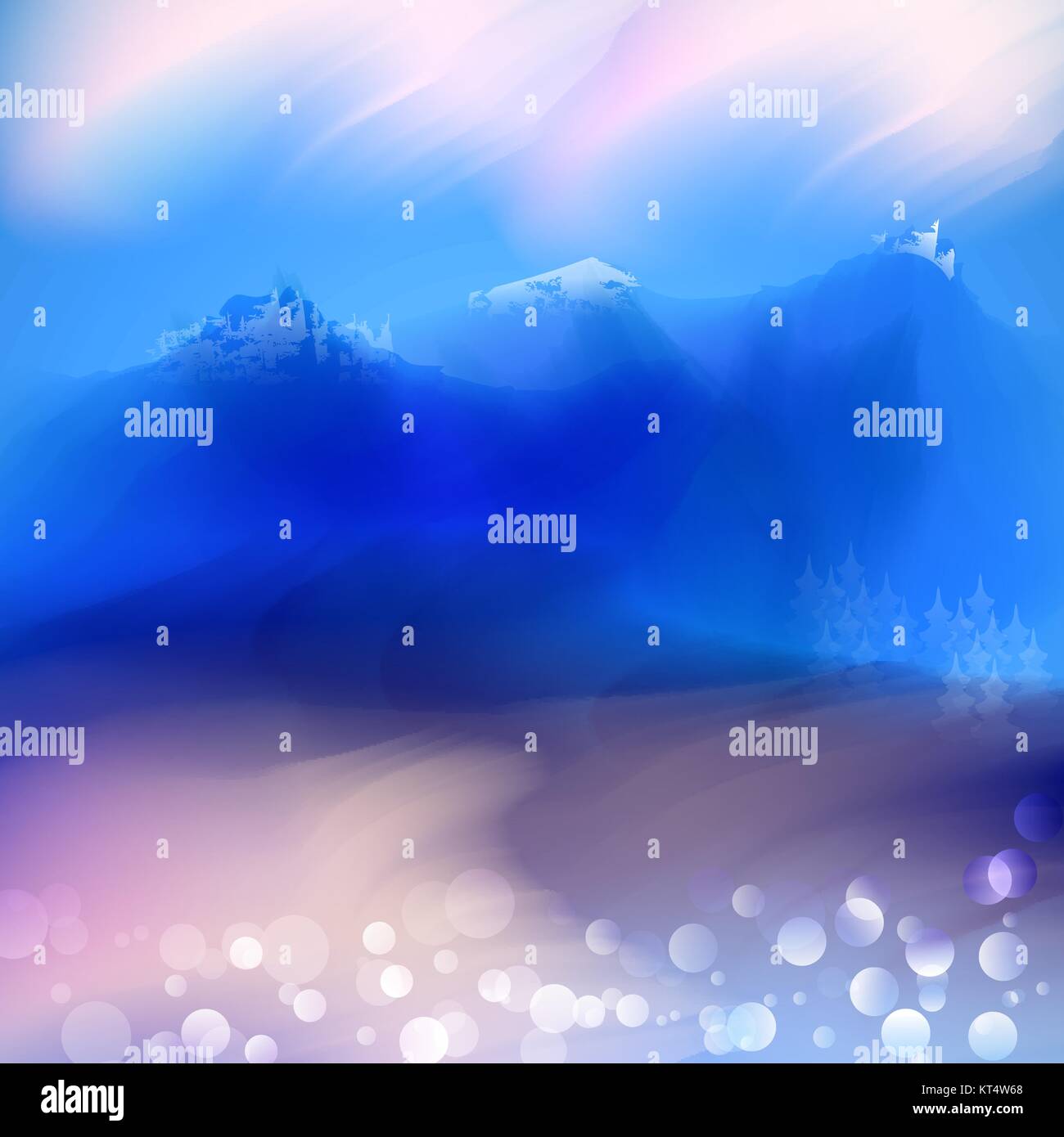 Spring and summer watercolor mountaine background with shining sparks ...