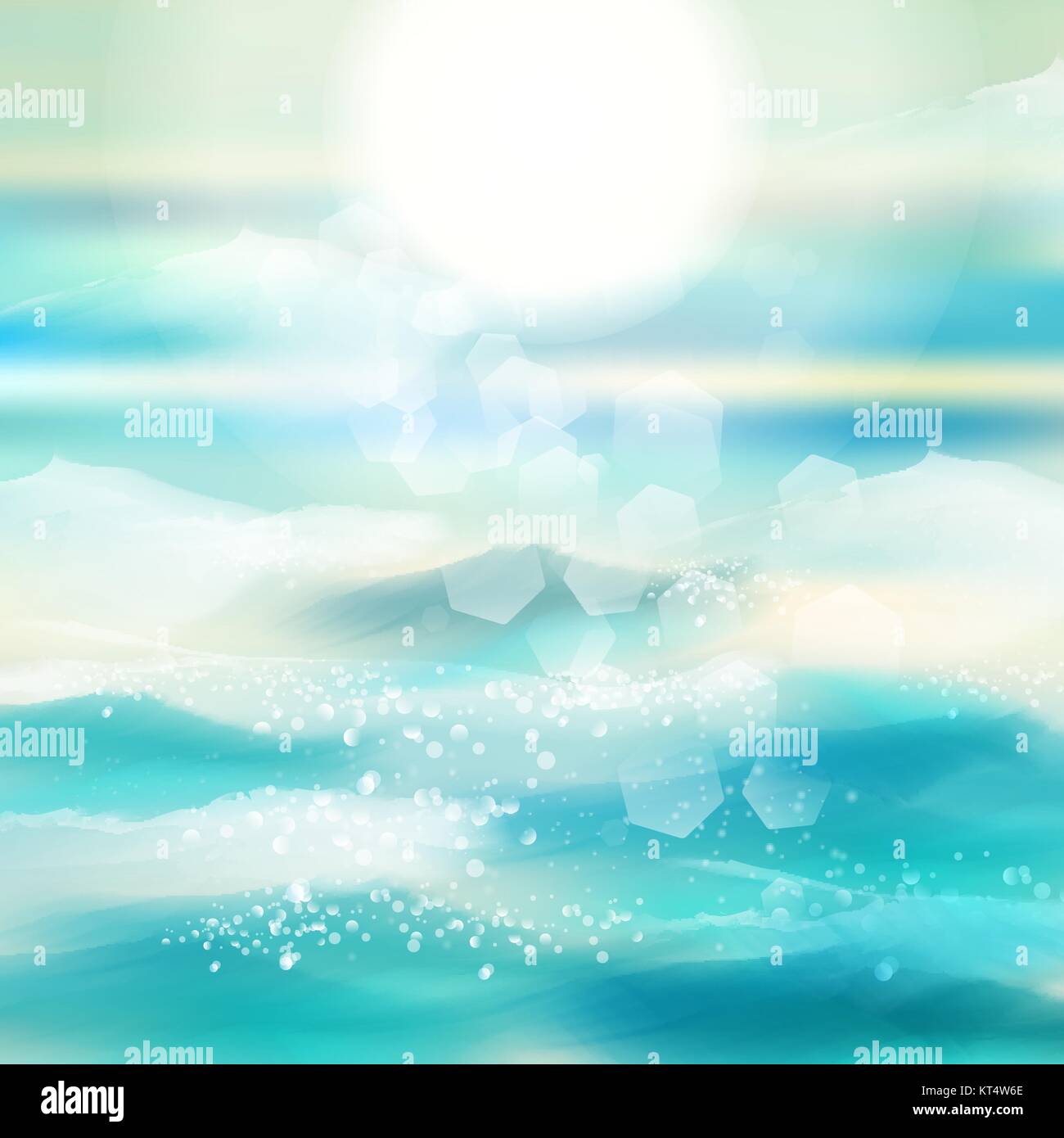 Spring and summer watercolor ocean background with shining sparks and ...