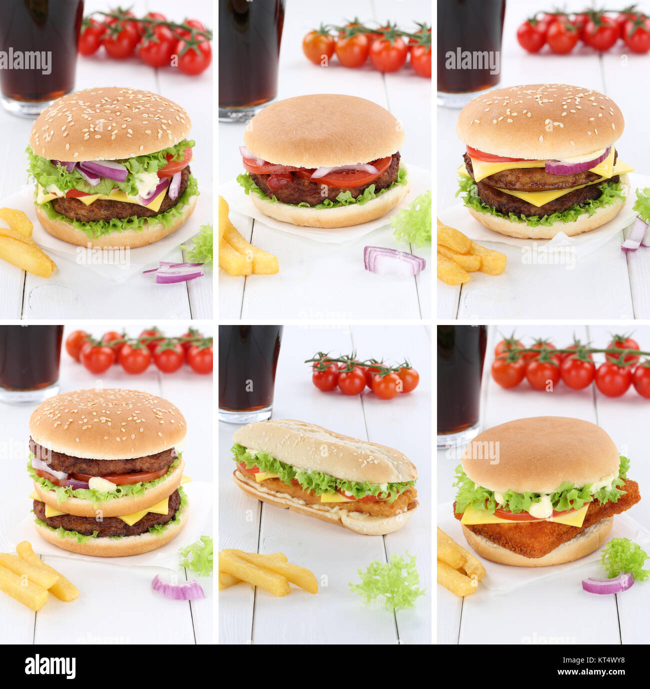 hamburger collection collage cheeseburger cola drink Stock Photo - Alamy