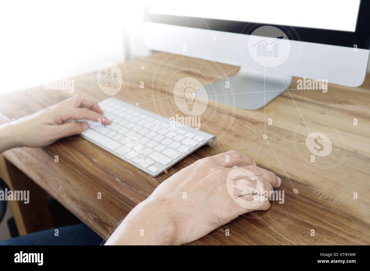 Man's hands using computer with social connect icons Stock Photo - Alamy
