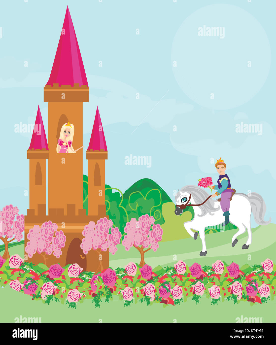 Prince riding a horse to the princess Stock Photo - Alamy