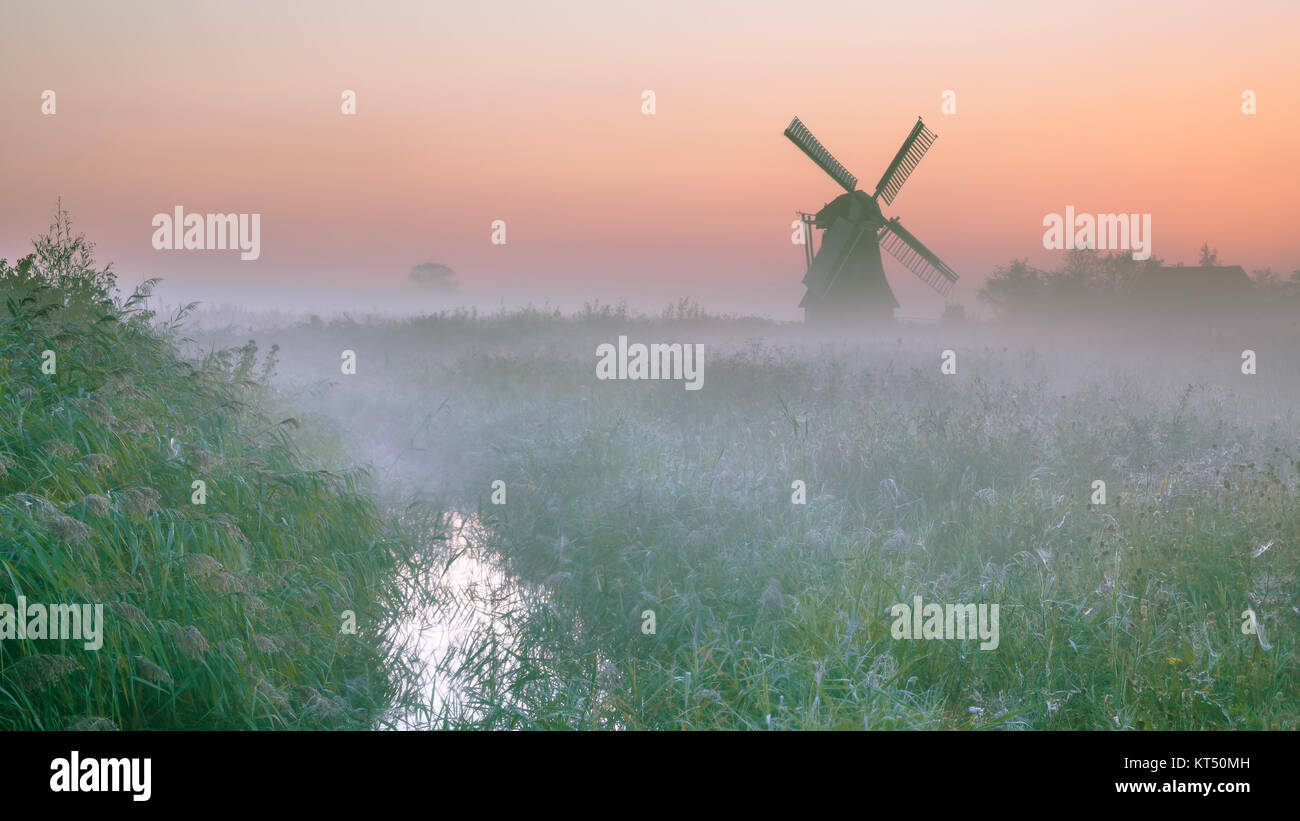 Dutch Polder landscape with Characteristic traditional windmill on a ...